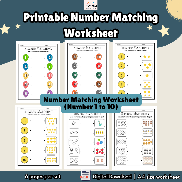 W008 PDF Printable Number Matching Activities Worksheet for ...