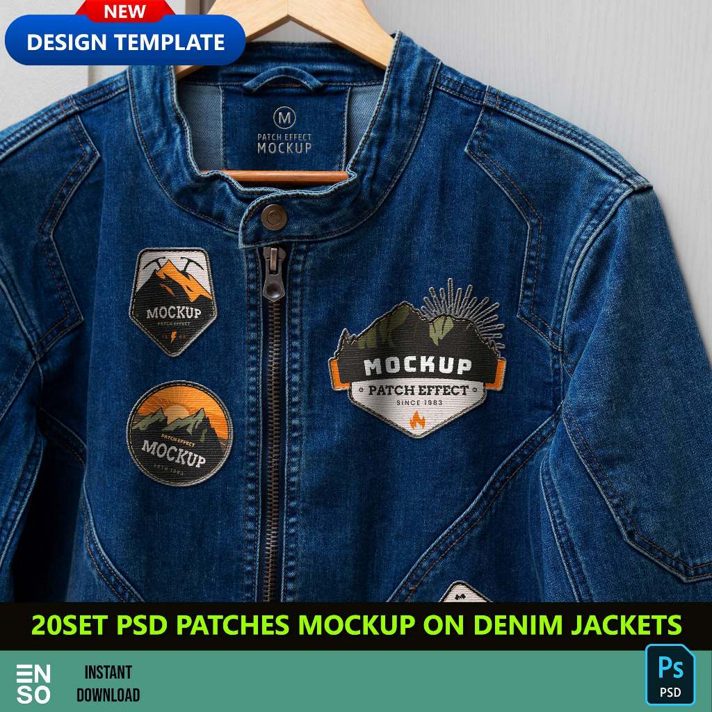 20-Set PSD Patches on Denim Jacket Mockup | PHOTOSHOP Editable Mockup ...