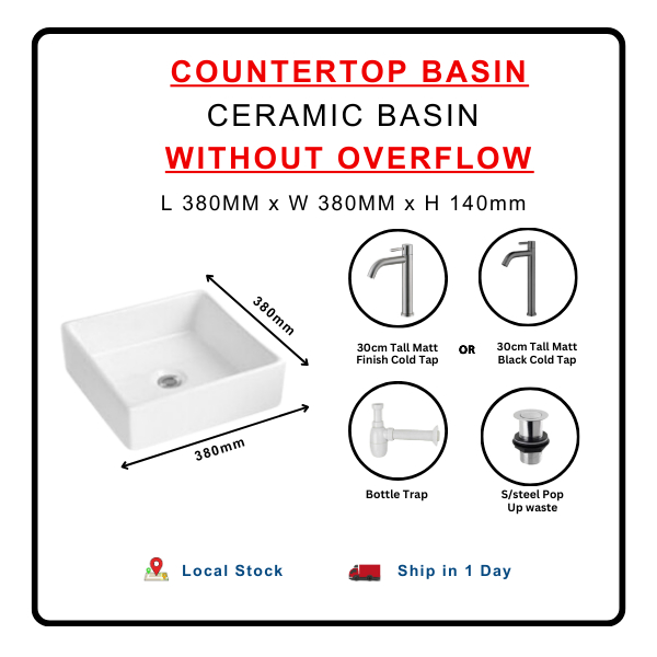 380mm Square White Ceramic Gloss Counter Top Basin For Bathroom Use ...