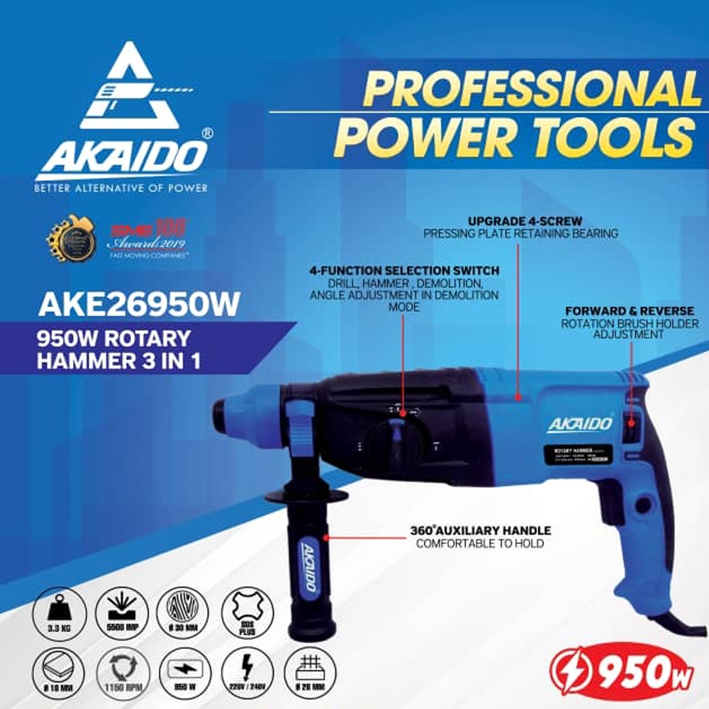 [6 month warranty] Akaido 3 in 1 rotary hammer 950w AKE26950W mesin ...