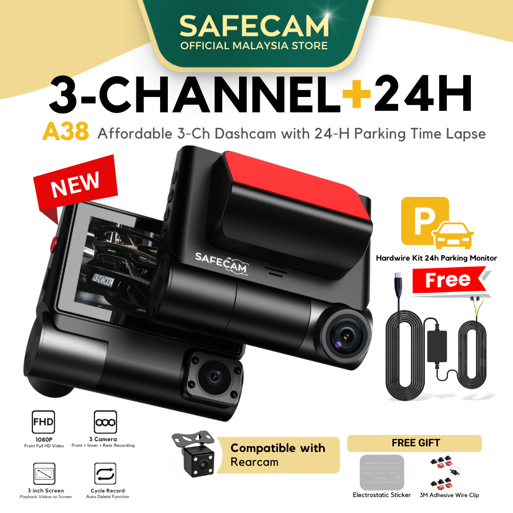 SAFECAM A38 Three-Channel Dashcam Triple Lens 1080P Full HD, Front ...