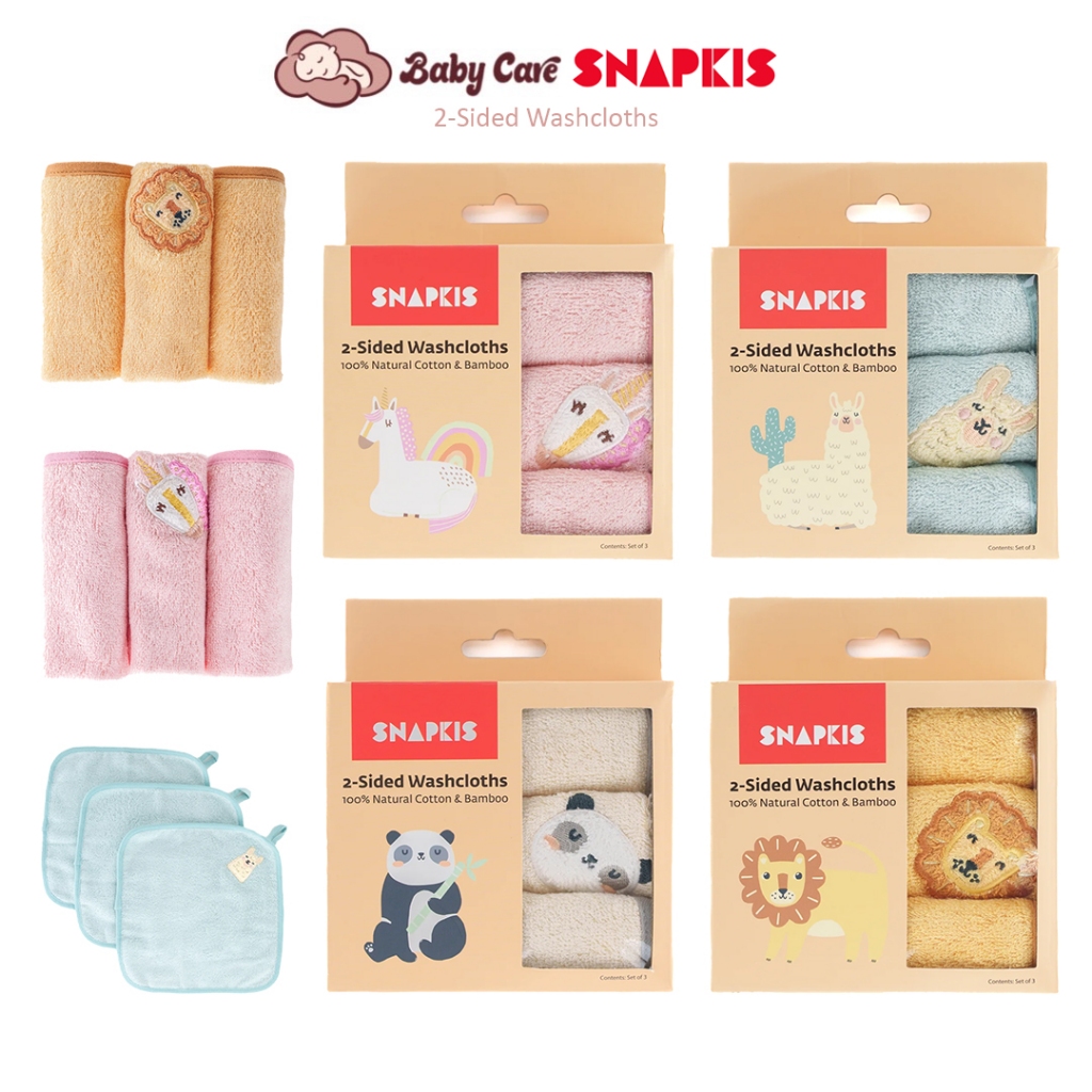 Snapkis 2 Sided Washcloths (25x25cm), Baby Face Cloth, Baby ...