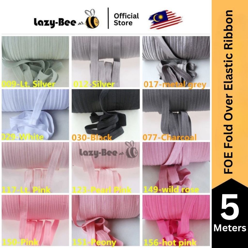 LAZY BEE 5 meter 1.5cm Plain Colour FOE Fold Over Elastic Ribbon DIY ...