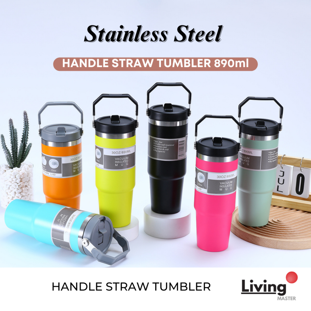 890ML 304 Stainless Steel Insulated Vacuum Tumbler Water Bottle with Straw Handle Vacuum Tumbler ...