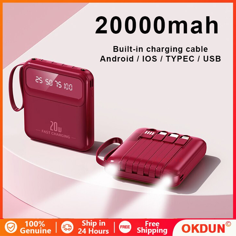 20000mAh Mini Power Bank 4in1 Cable Portable Charger Fast Charging LED ...