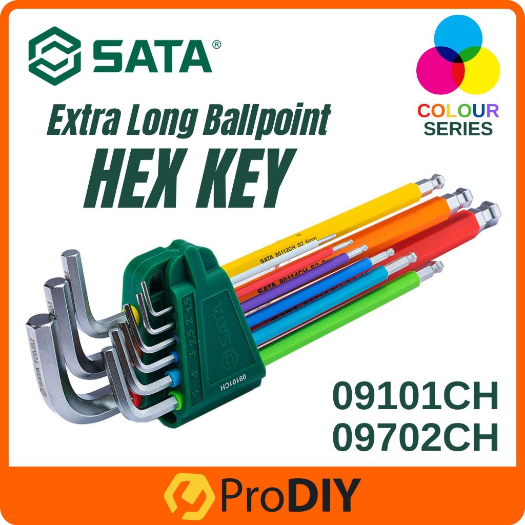 SATA 09101CH Colour Series 9pcs Extra Long Antislip Ball Point Hex Key Set Allen Key 六角扳手 ...