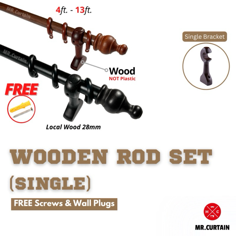 MR.CURTAIN Wooden Single Rod Set / Rod Langsir Kayu / Set Lengkap ...