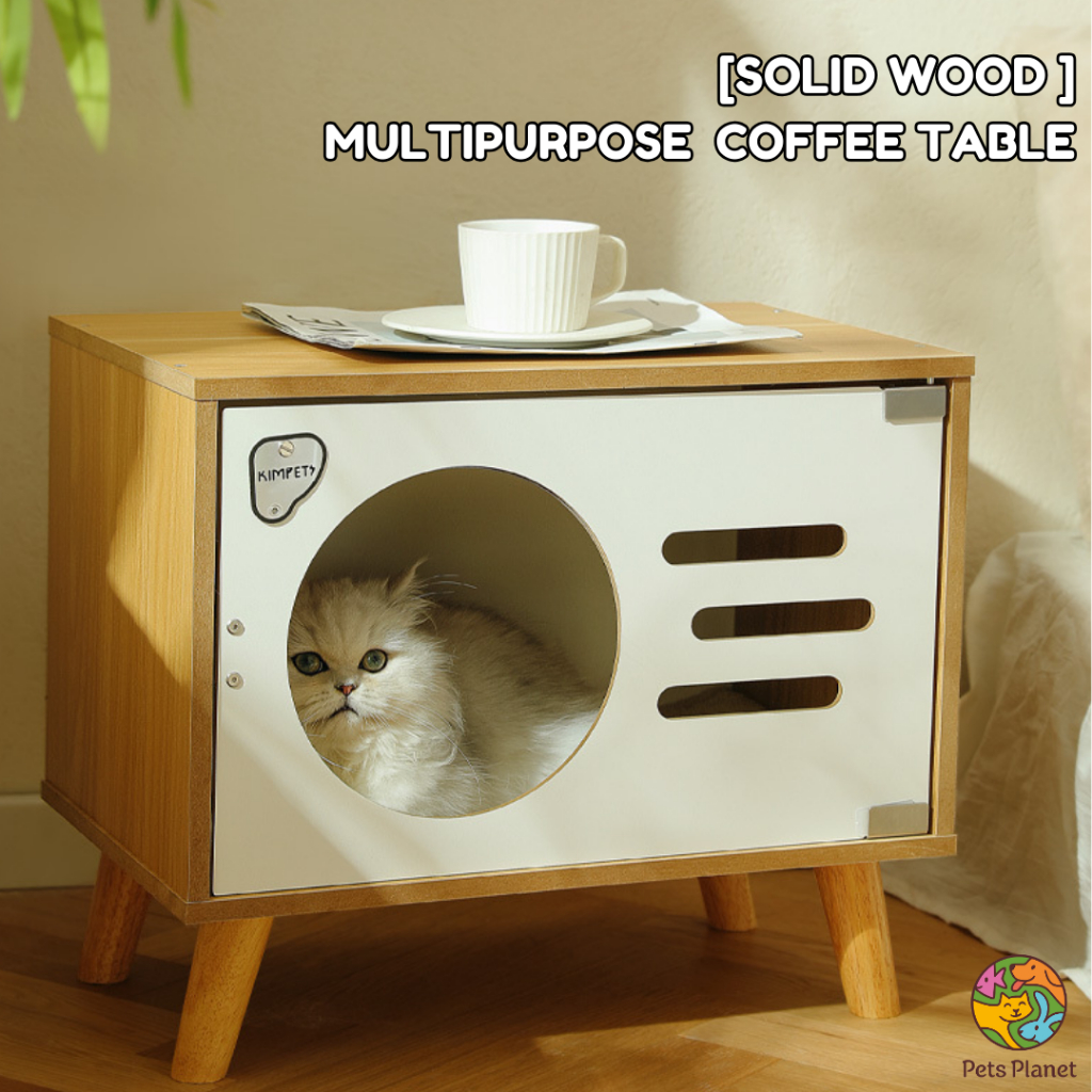 Modern Solid Wood Cat Indoor 2 in 1 Pet House Square Bed Side Table ...