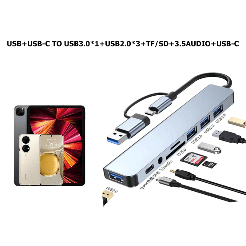 8in1 USB-C Converter Adapter Multi USB HUB Type-C to USB*4+SD+TF Card ...
