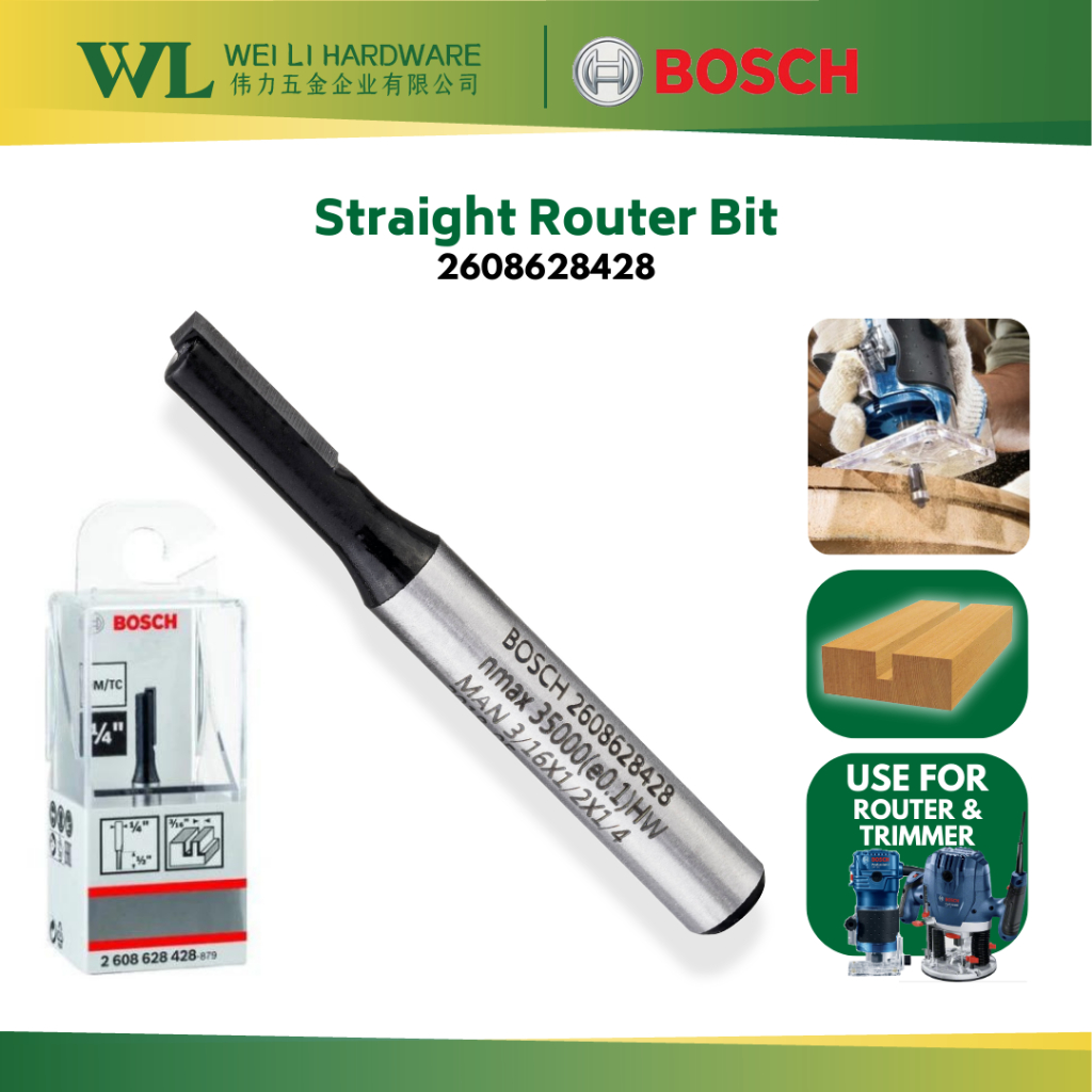 BOSCH 1/4" Straight Router Bit (Carbide-Tipped)2608628428/ mata router ...