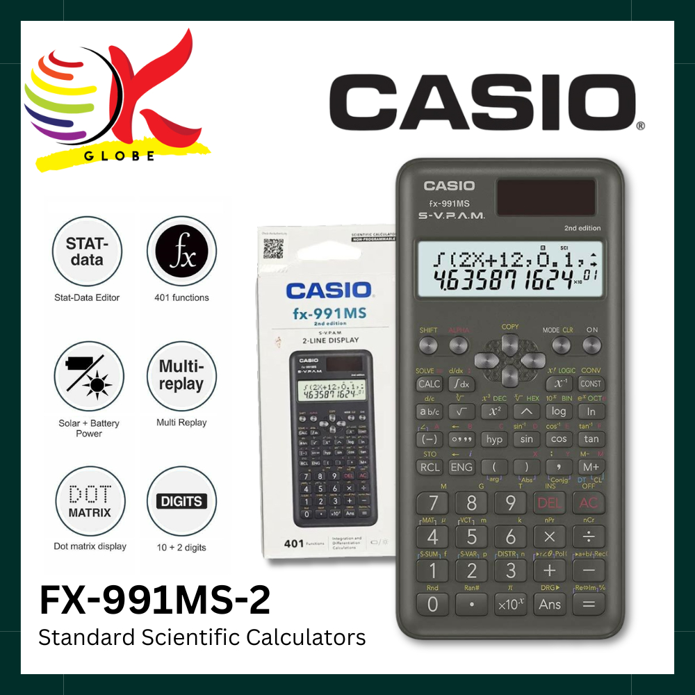 CASIO FX-991MS-2 STANDARD SCIENTIFIC CALCULATOR (2ND EDITION) WITH 2-LINE DISPLAY, 401 FUNCTIONS ...