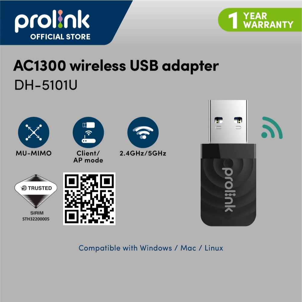 Prolink AC1300 Dual-Band 2.4GHz / 5GHz MU-MIMO Wireless USB Dongle WiFi Adapter Receiver for PC ...