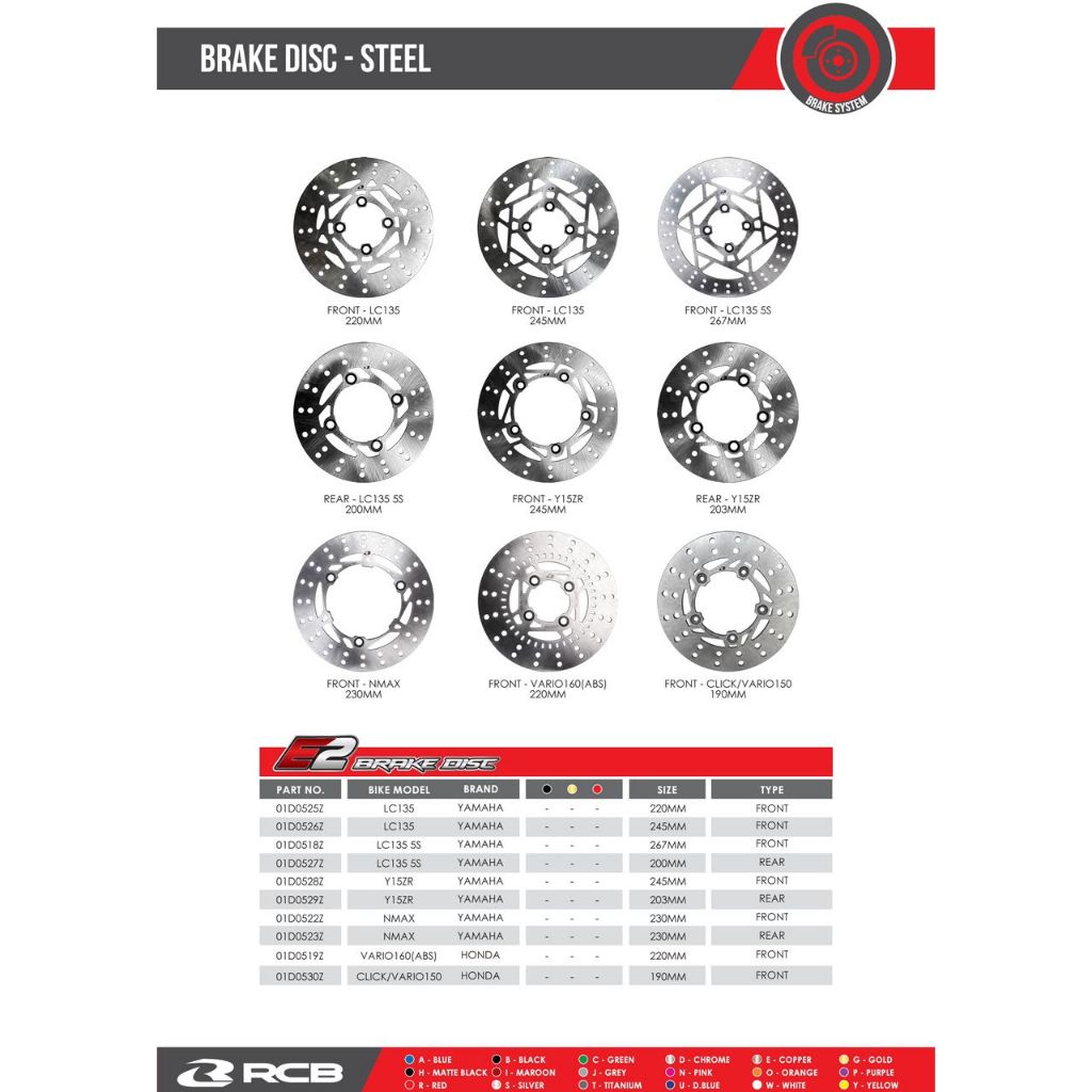 RCB E2 SERIES DISC PLATE FRONT REAR VARIO160 Y125ZR LC135 5S NMAX155 ...