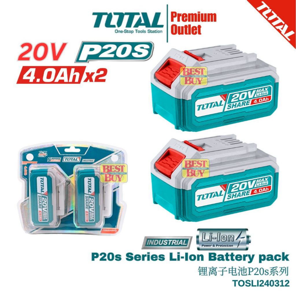 TOTAL Tools P20s 20V series Li-ion Battery 4.0Ah 2 Pcs value COMBO pack ...