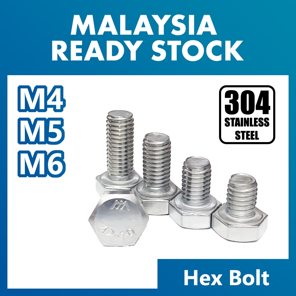 M4 M5 M6 Hex Bolt 304 Stainless Steel DIN933 Screw Skru Spanner Hexagon ...
