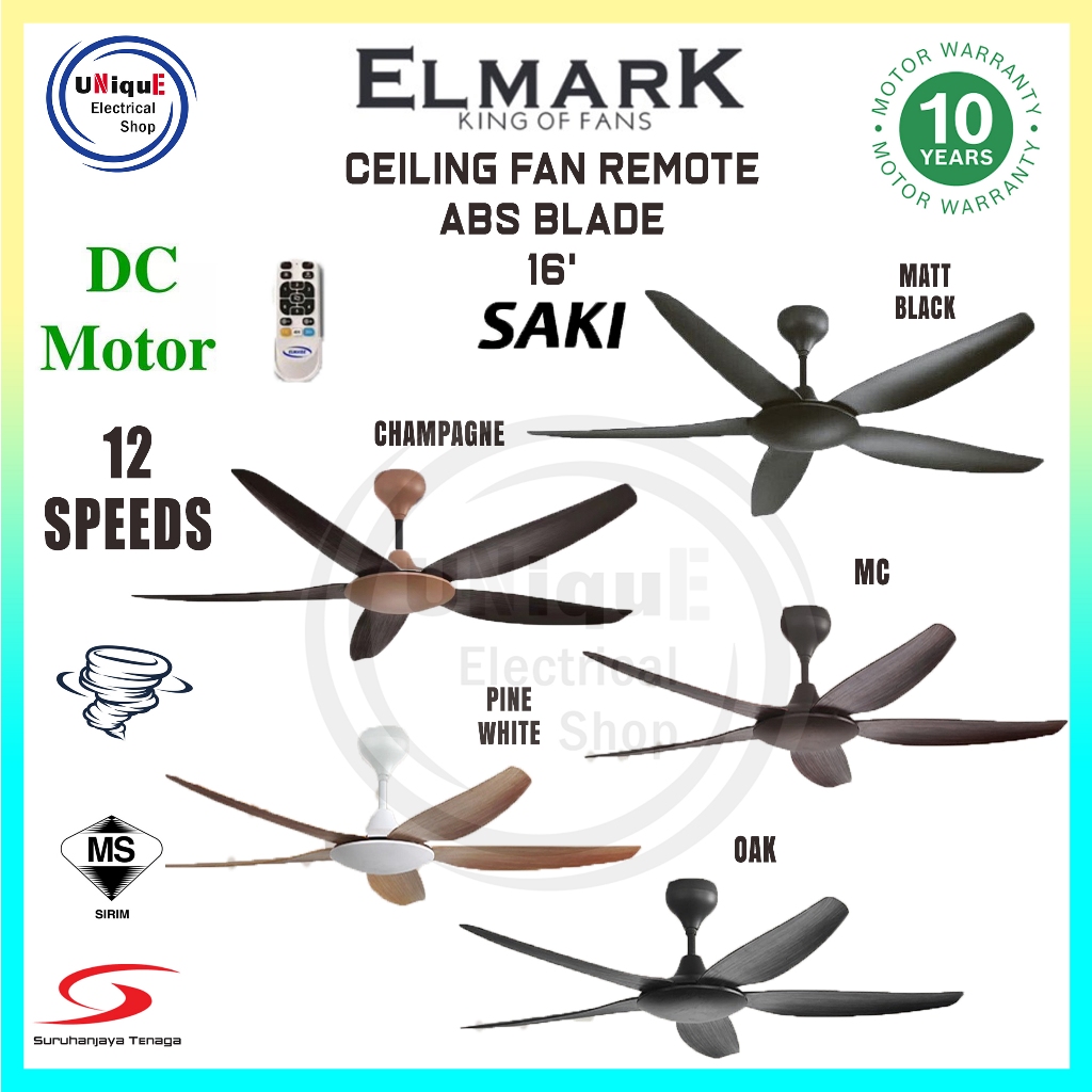 Elmark Saki Ceiling Fan 56 inch Remote Control (DC Motor) 5 Blade 12 ...
