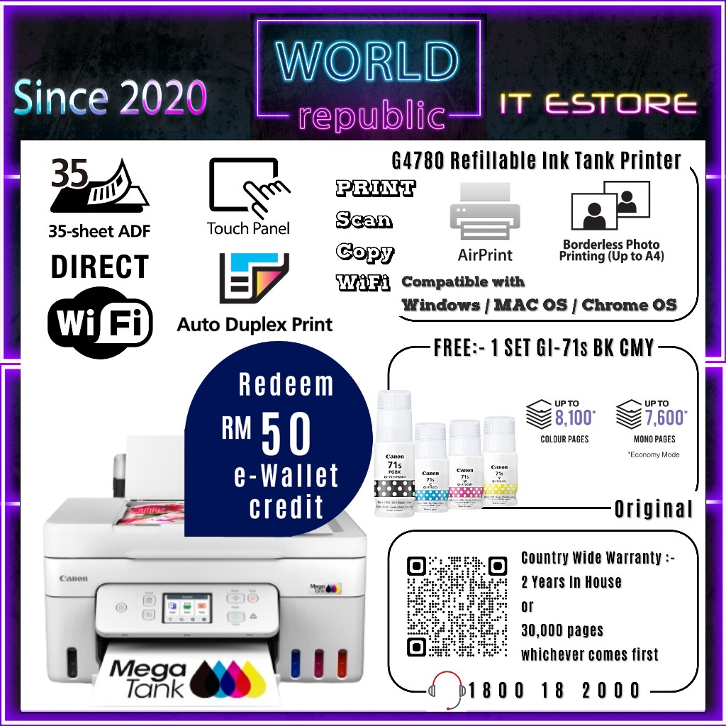 Canon PIXMA G4780 Megatank Wireless Printer - Print Scan Copy Wifi ...