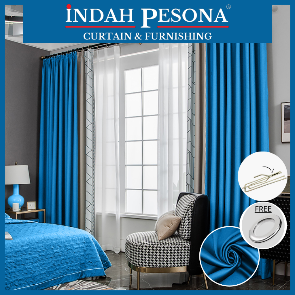 B10 Silk Blue - Ready Made 99% Blackout Siap Jahit Langsir (CANGKUK ...