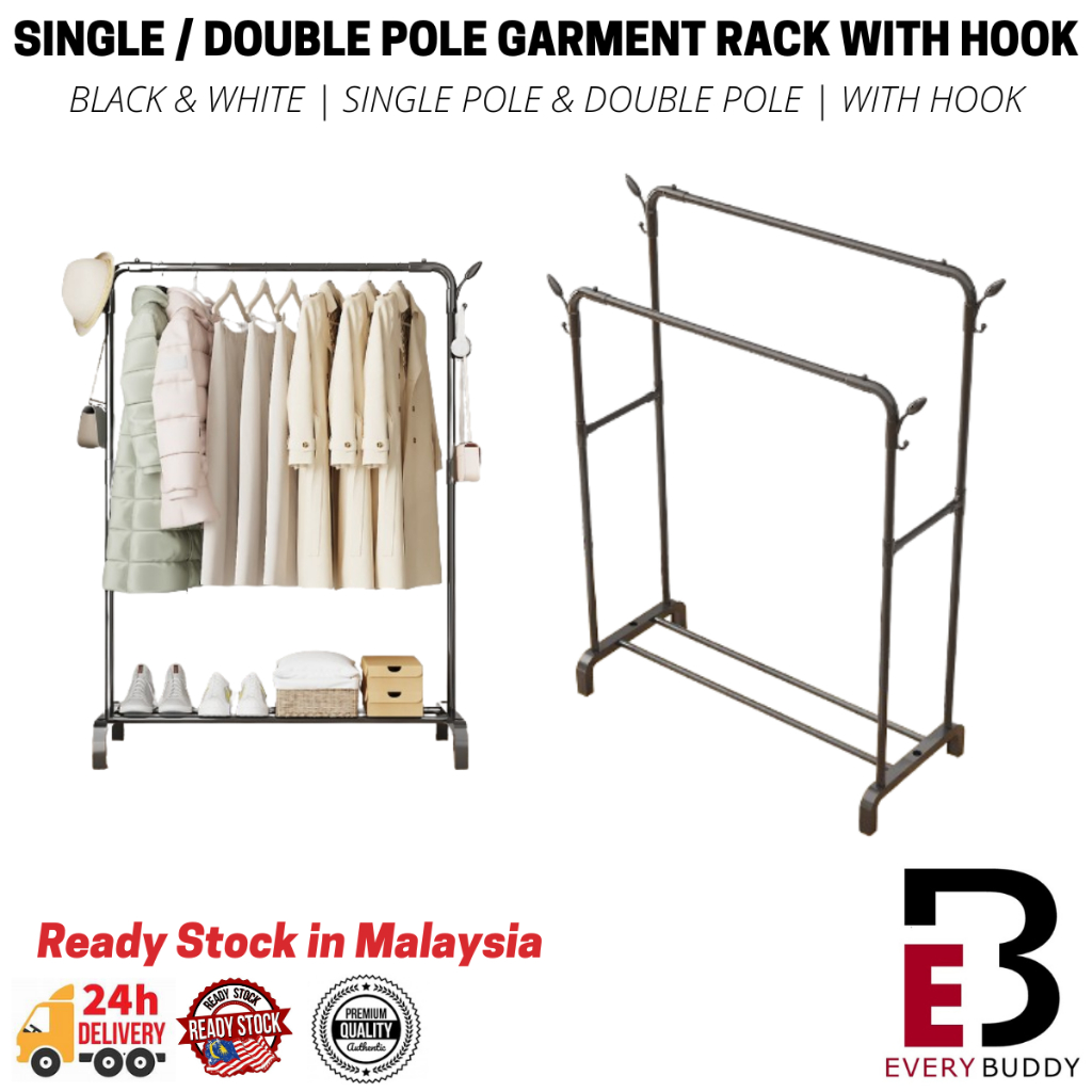 Rak Baju Single Double Pole Steel & Plastic Laundry Cloth Rack with ...