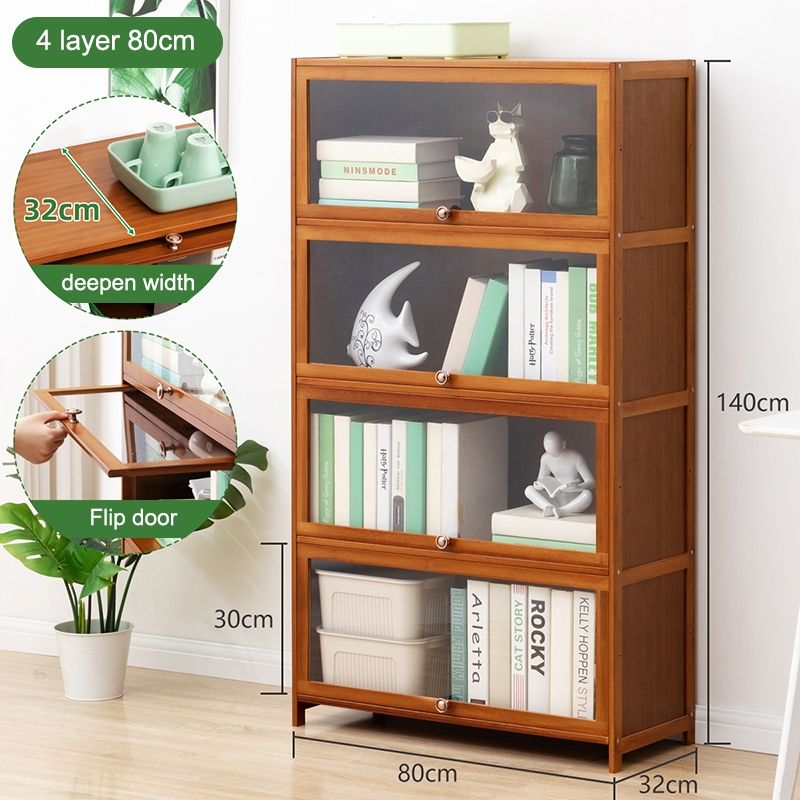 LULU Bamboo Book Shelf Rak Buku Bertutup With 2Drawer Storage Cabinet ...