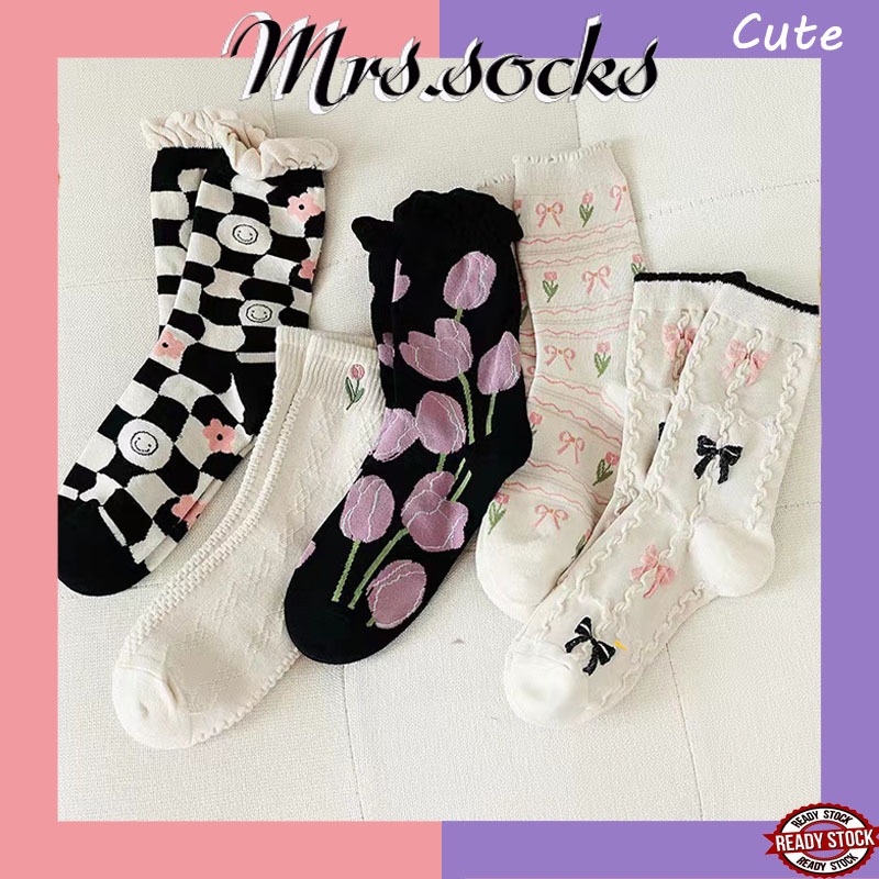 Mrs.socks White Black Flower Ins Cute Sock Long Socks Women Stokin ...