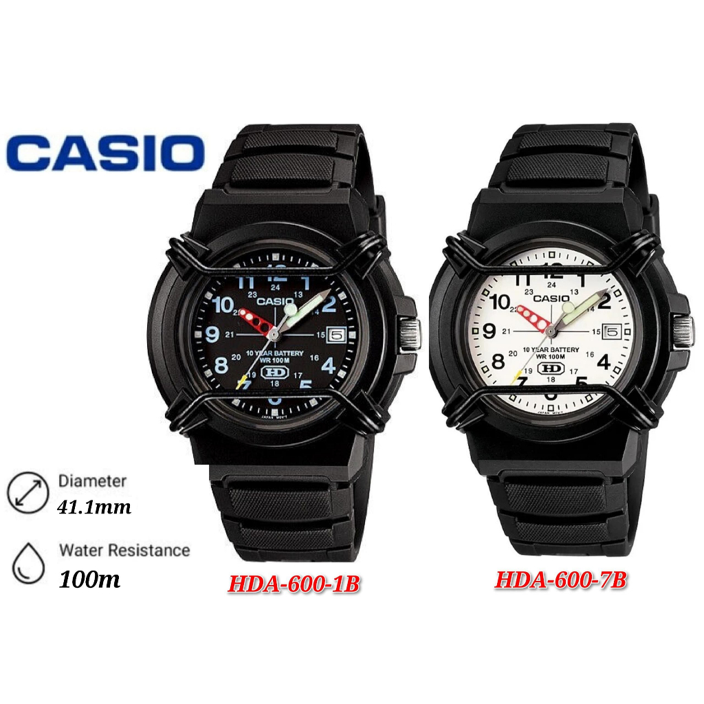 Casio HDA-600B Unisex Analog Date Function White Dial Black Resin ...
