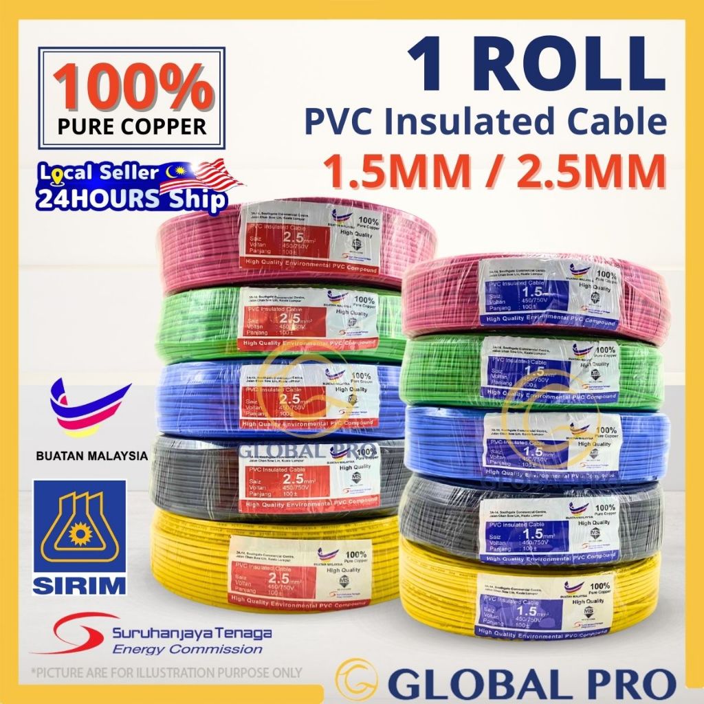 SIRIM 1 ROLL 1.5mm / 2.5mm PVC Insulated Cable Kabel Wayar Elektrik ...