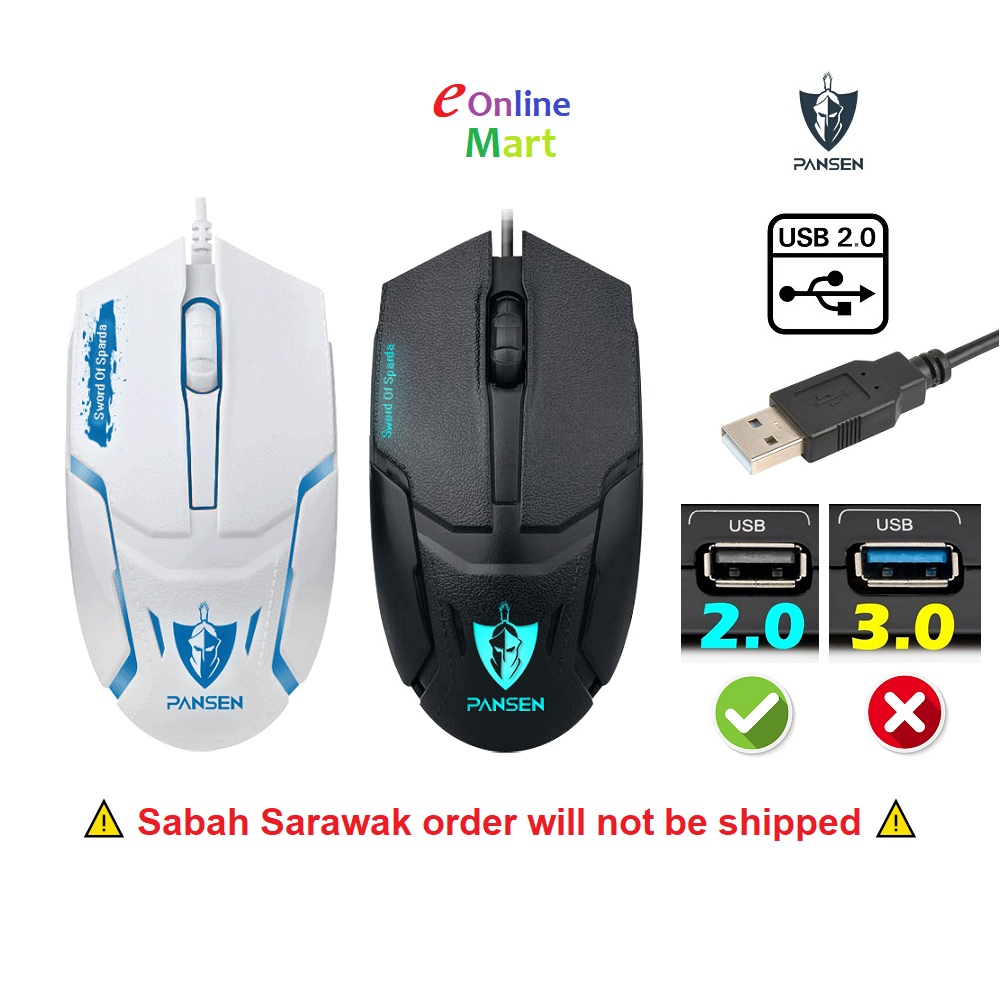 PANSEN USB Optical Mouse Ergonomic 3D Scroll 3-Buttons 1600dpi Optical ...