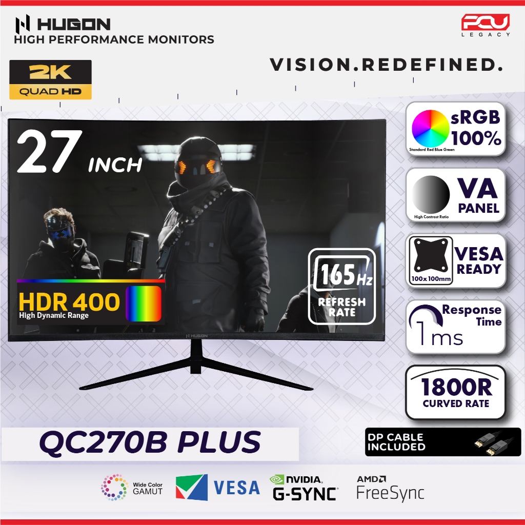 HUGON 27" 165Hz QHD 1ms HDR400 Curved Adaptive-Sync Gaming Monitor ...