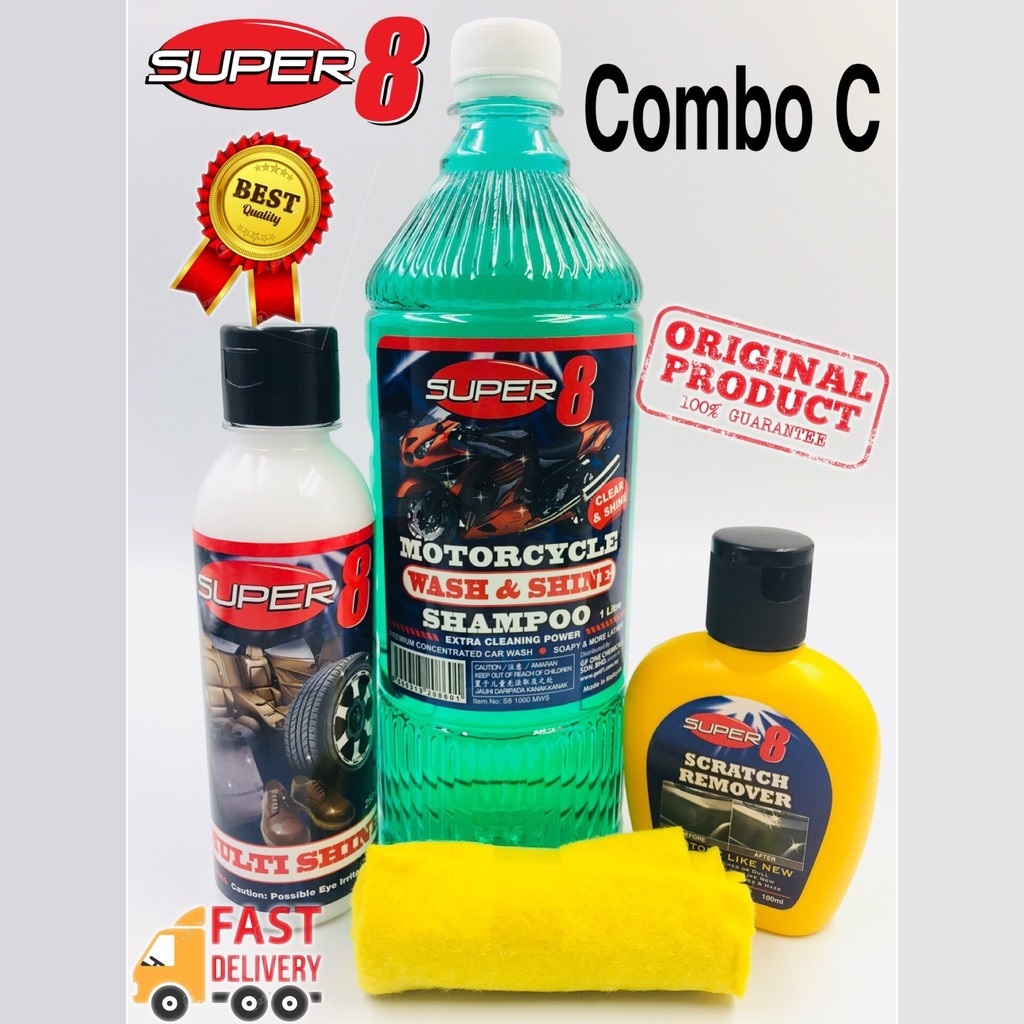 Super8 Combo Set C motorcycle shampoo bike wash scratch remover multi ...