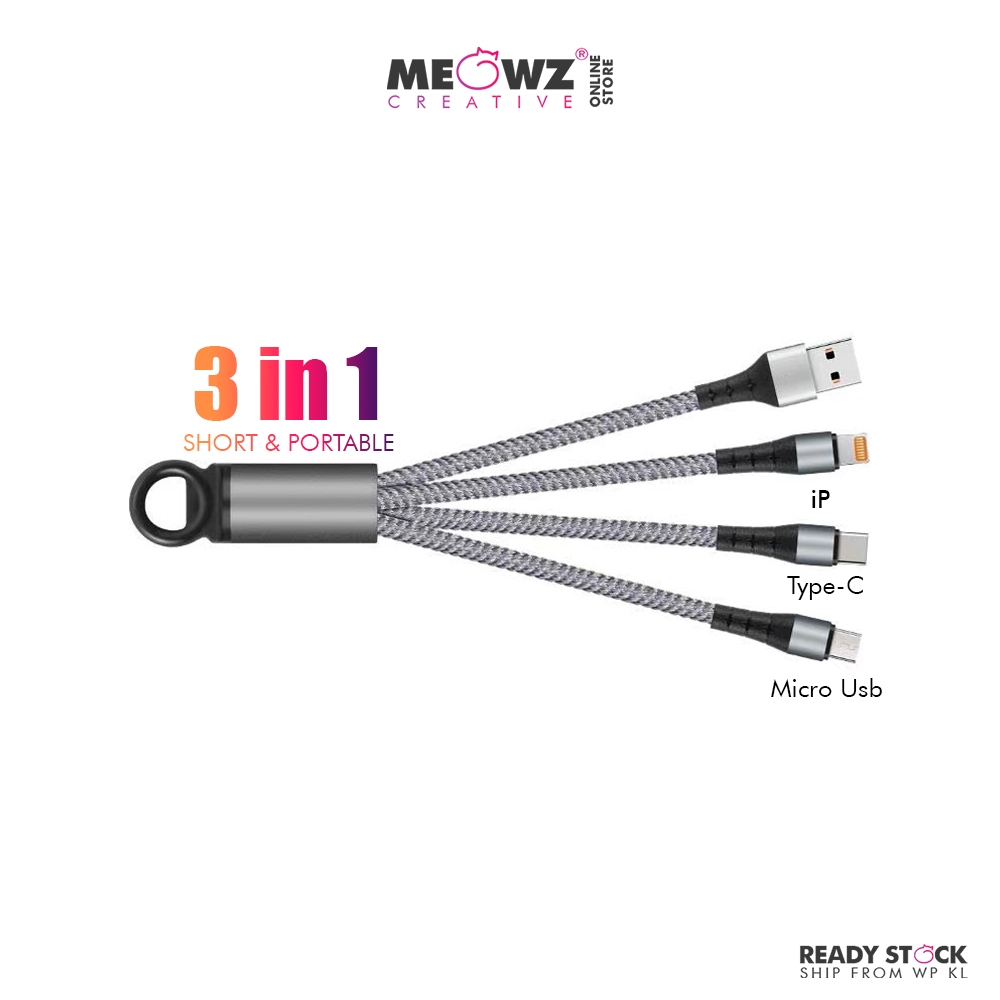 3 in 1 Short USB Cable Keychain Portable Micro USB Type C Multi Head ...