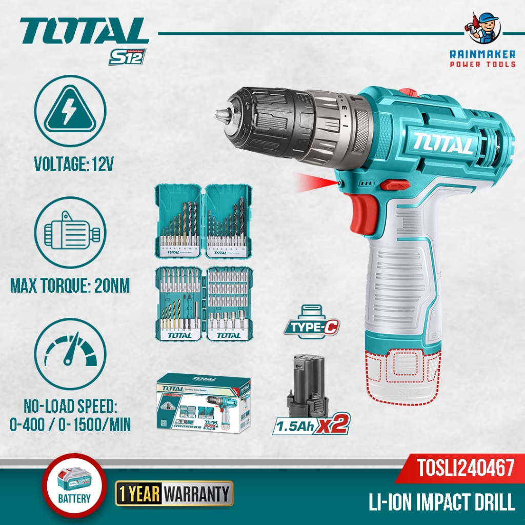 TOTAL Li-ion Impact Drill (12V) + 1.5Ah Battery (2 Pcs) + Screwdriver ...
