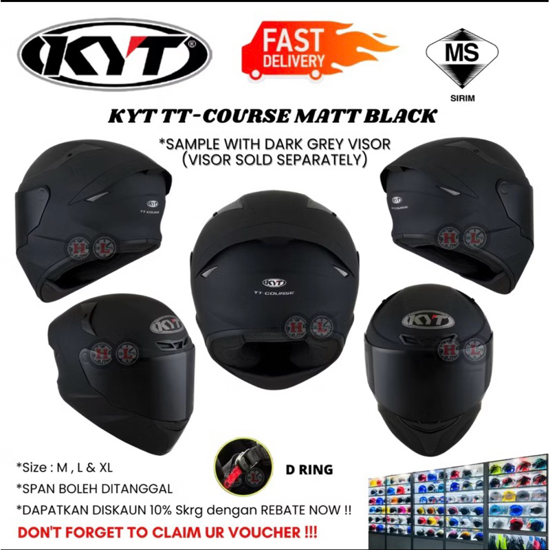 KYT TT-COURSE PLAIN COLOUR MATT BLACK HELMET FULL FACE TT COURSE ...