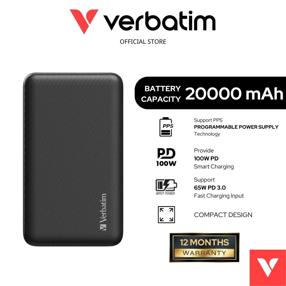 Verbatim 20000mAh 100W PD3.0 PPS Power Pack with digital display ...