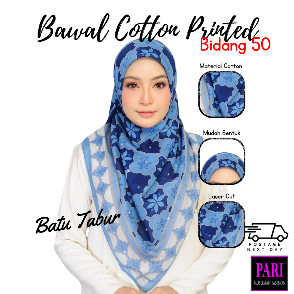 BAWAL COTTON PRINTED BATU TABUR BIDANG 50. TUDUNG BAWAL LABUH ...