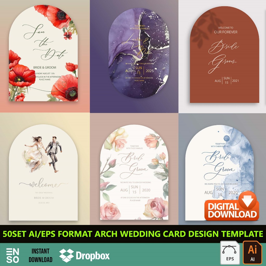50-Set AI/EPS Format Arch Wedding Card Design Template | Editable Adobe ...