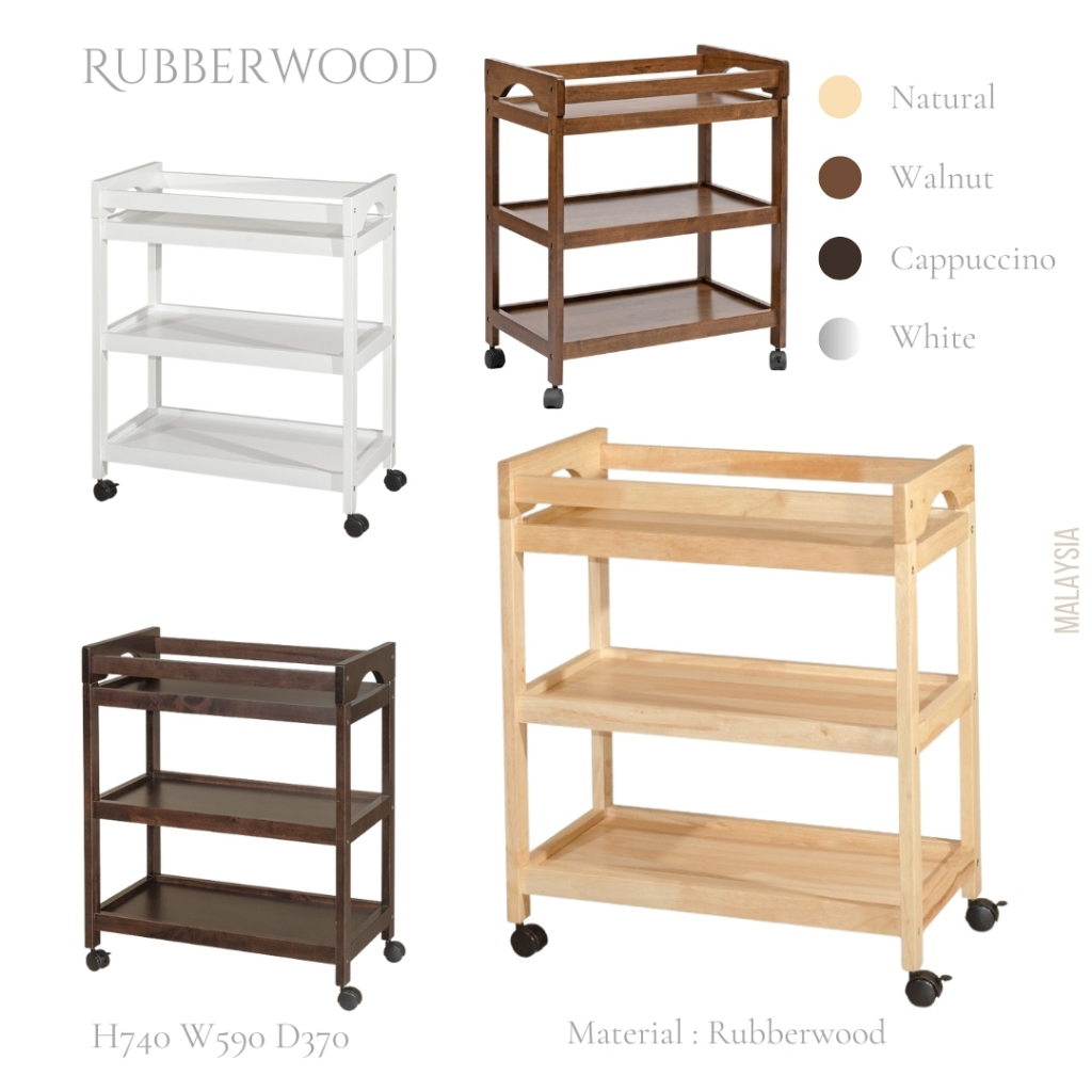 3 Tier Multi-Function Rubberwood Kitchen Trolley, Troli Makanan 3 ...