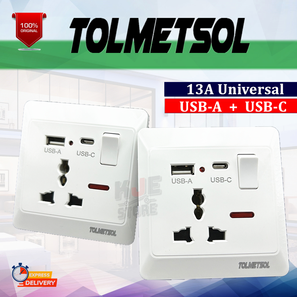 TOLMETSOL 13A Universal Socket USB-A UCB-C Type A & Type C Switches & Socket Switch Suis Lampu A ...