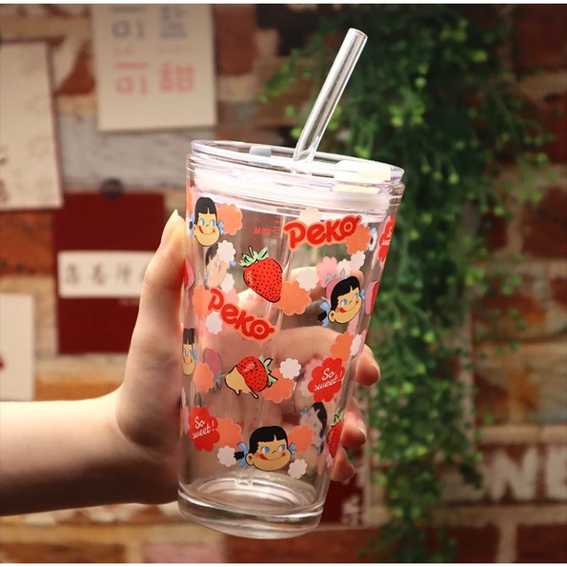 Glass cup straw With lid heat resistant transparent coffee Mug | Shopee ...