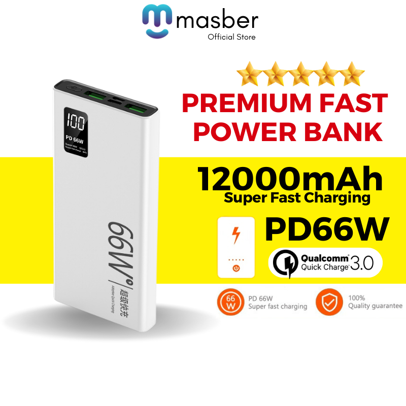 MASBER Power Bank PD Fast Charging All USB Output Ports Digital Display For Phone (12000mAh/66W ...