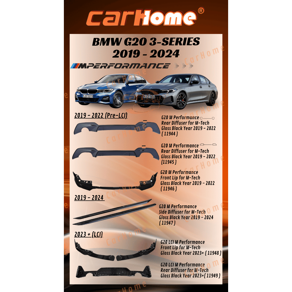 BMW G20 3 Series 2019 - 2024 M Performance Front Lip Side Diffuser Rear ...