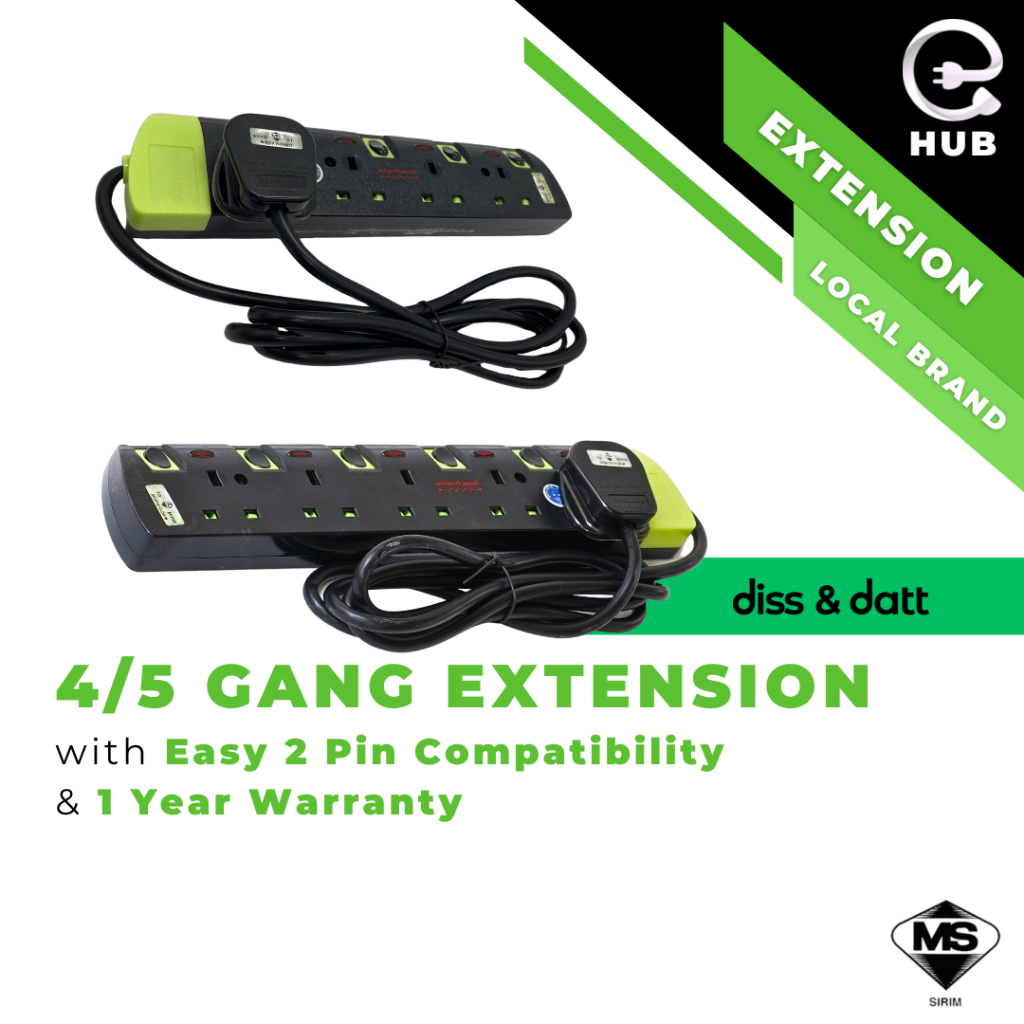 DISS N DATT 4/5 Gang 2M Wayar Panjang Extension Plug Soket Trailing ...