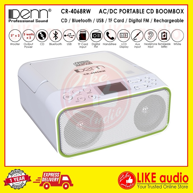 (FREE SHIPPING) DENN CR-4068RW AC/DC Portable Radio CD Boombox (BT ...