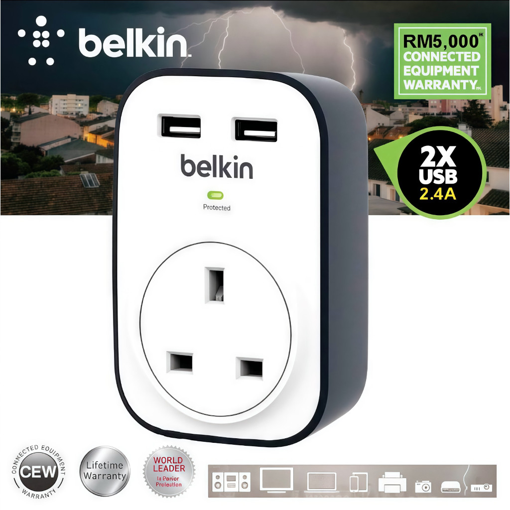BELKIN SURGECUBE 1-OUTLET SURGE PROTECTOR WITH 2x SHARED USB CHARGING 2 ...