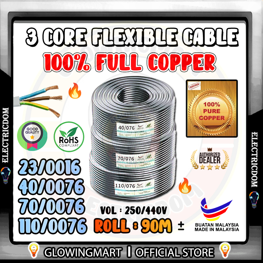 100% FULL COPPER 3 Core Flexible Cable 100/0076, 70/0076, 40/0076, 23/ ...