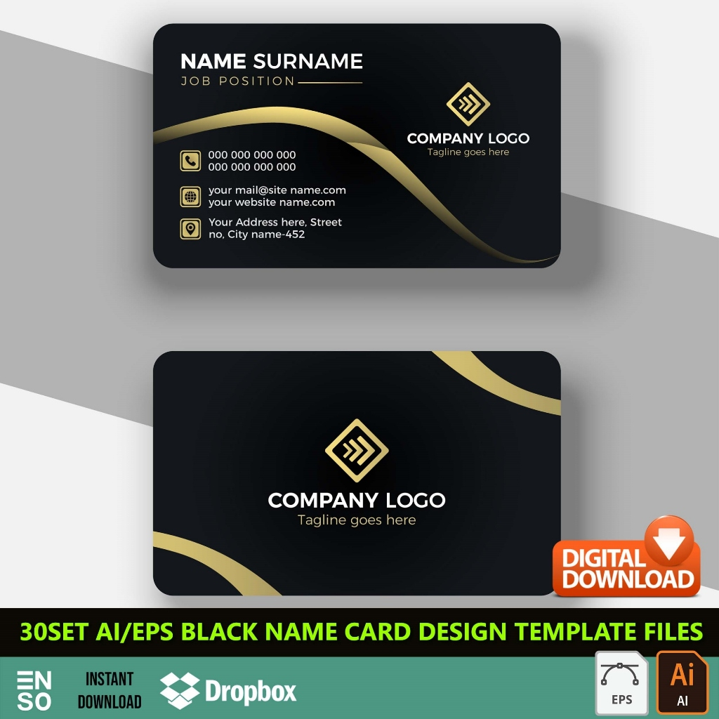 30-Set Ai/EPS Black Name Card Design Files | Editable Adobe Illustrator ...