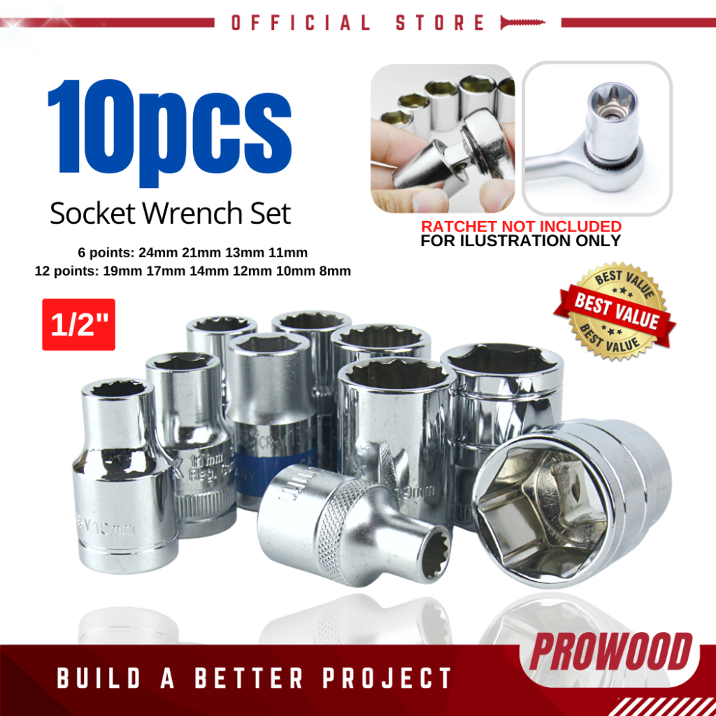 10pcs ( 8mm - 24mm ) 1/2 Inch Socket Wrench Set Impact Socket Set High ...