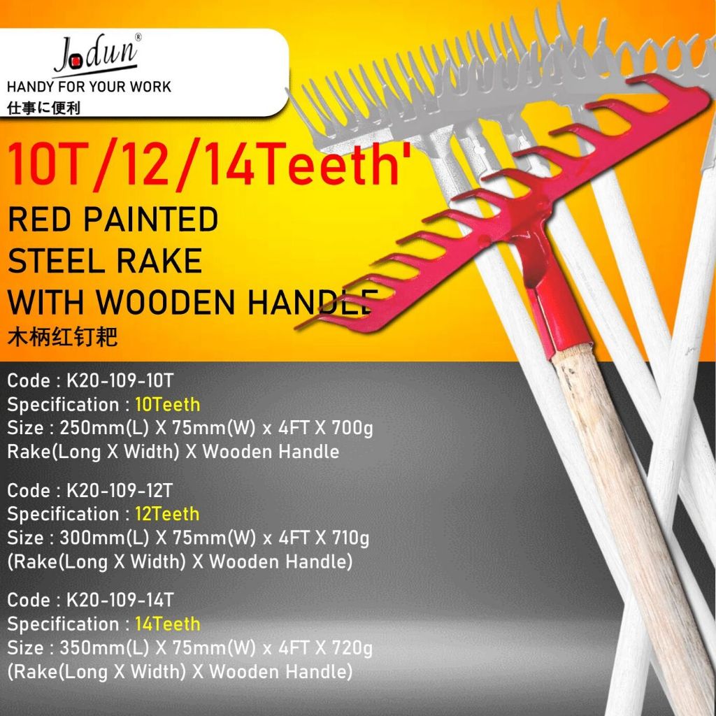10-TEETH JODUN BRAND LIGHT DUTY Red Painted Steel Rake With Wooden ...