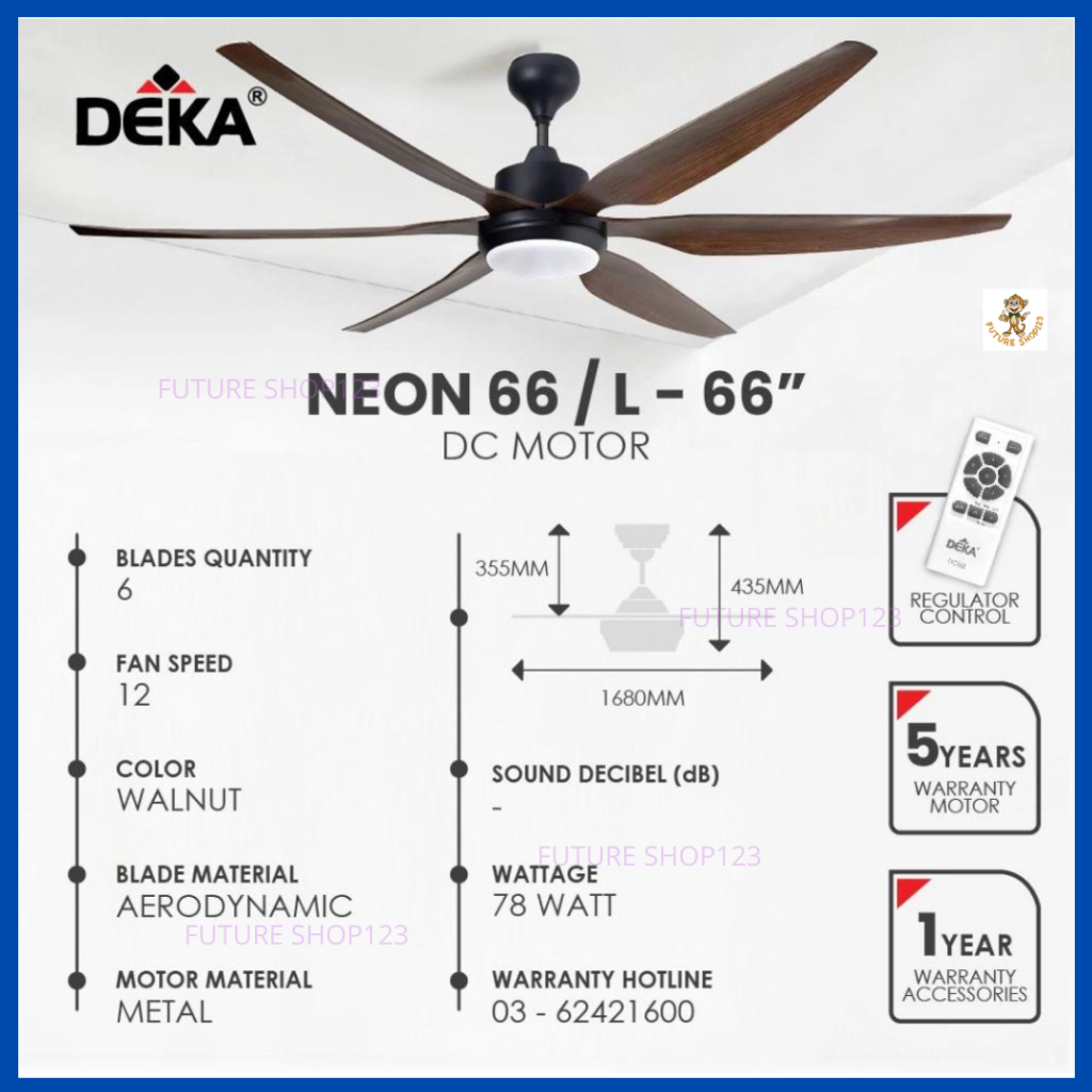 ceiling fan Deka+ NEON66LED 66 inch 6 Blades A.B.S Remote Control ...