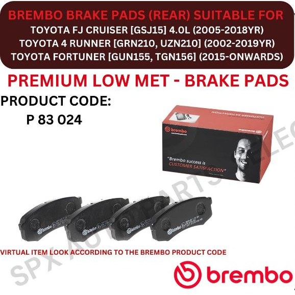 BREMBO GENUINE DISC BRAKE PAD (REAR) FOR TOYOTA FORTUNER [GUN156 ...